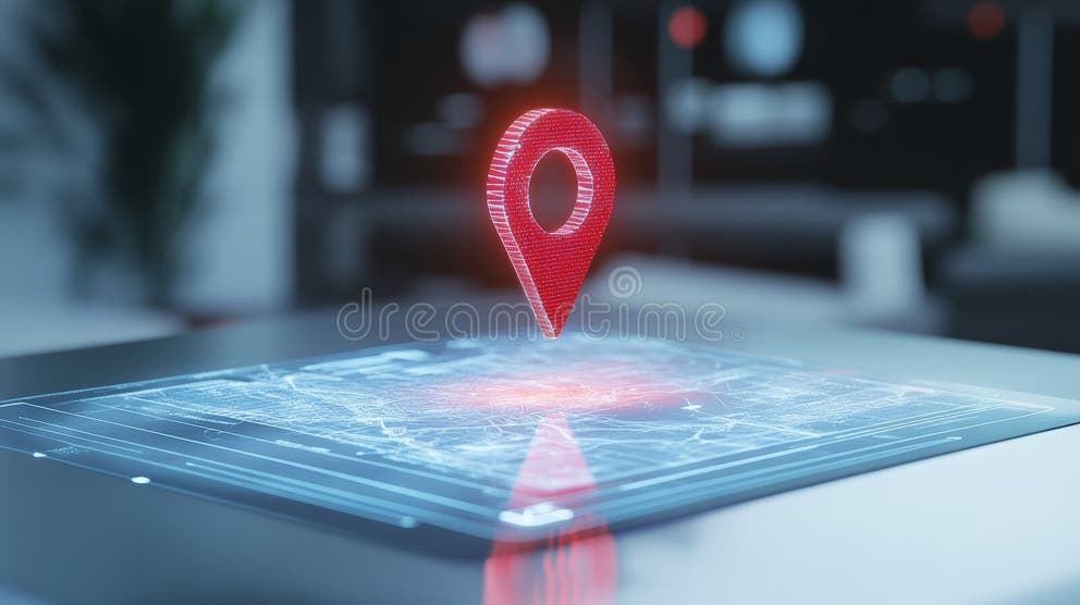 Red Location Pin Hovering Over Futuristic Interactive Map Display Stock Image - Image of ...