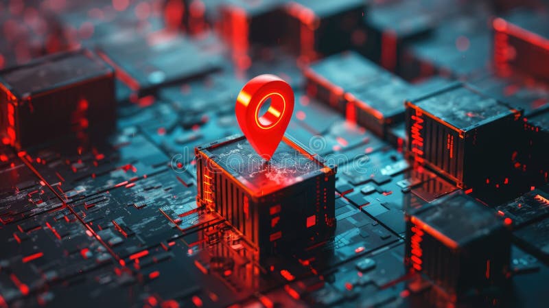 Red Location Pin Icon on Background of Cargo Containers, Container Ship ...