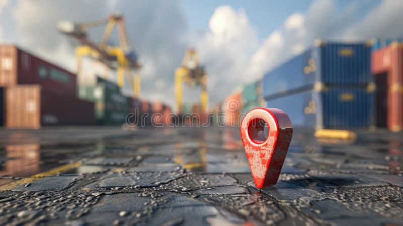 Red Location Pin Icon on Background of Cargo Containers, Container Ship ...