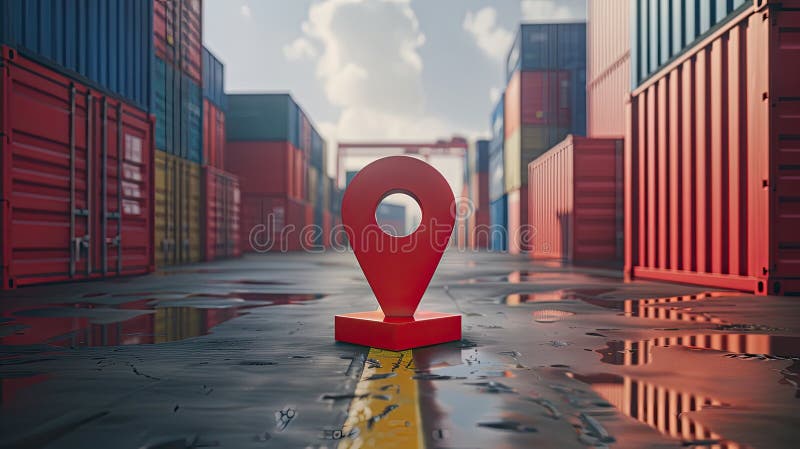 Red Location Pin Icon on Background of Cargo Containers, Container Ship ...