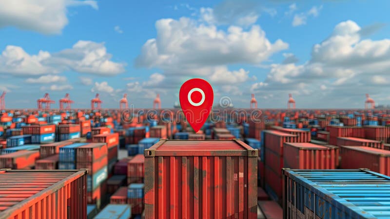 Red Location Pin Icon on Background of Cargo Containers, Container Ship ...
