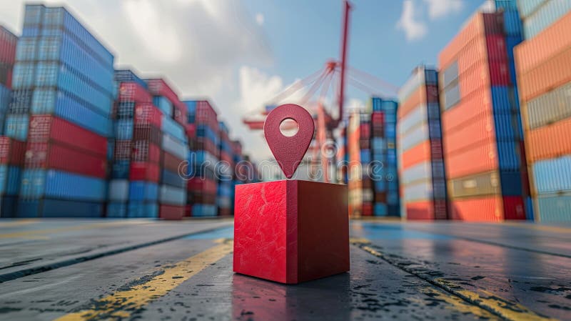 Red Location Pin Icon on Background of Cargo Containers, Container Ship ...