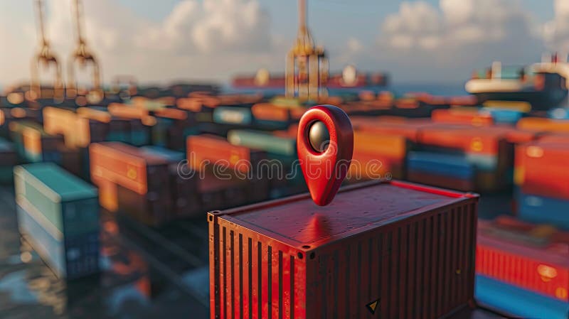 Red Location Pin Icon on Background of Cargo Containers, Container Ship ...