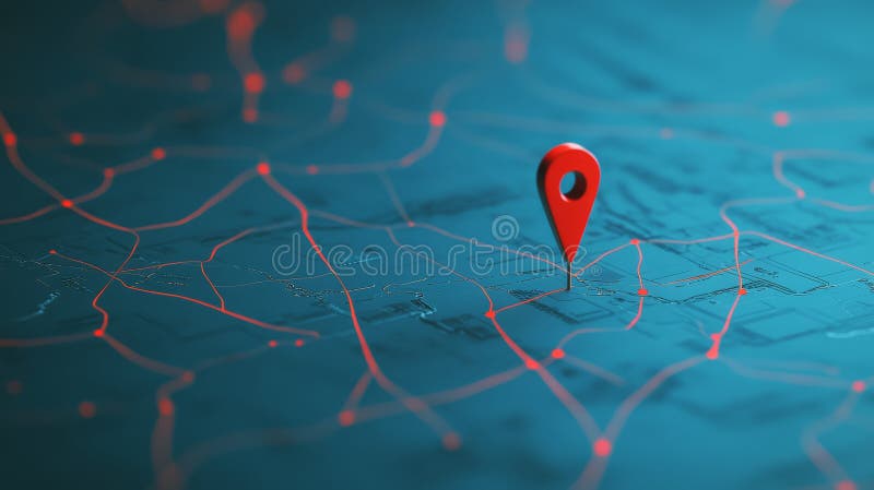 Red Location Pin Pointing Destination on Futuristic Glowing Map Stock ...