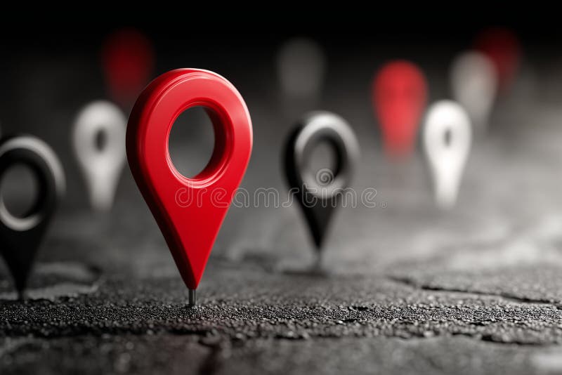 Red Location Pin Stands Out among Several Black Pins on Textured ...