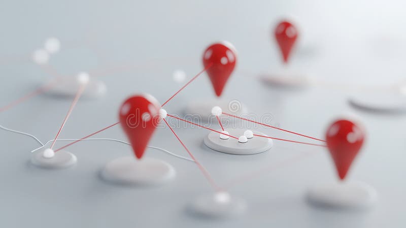 Red Location Pins Connected by Red Lines on a White Background ...