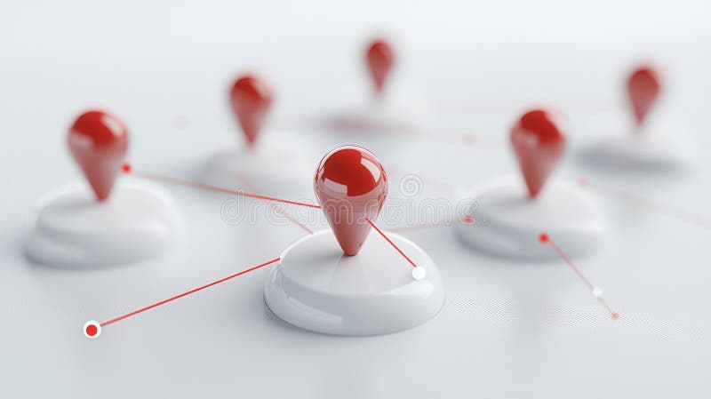 Red Location Pins Connected by Red Lines on a White Background ...