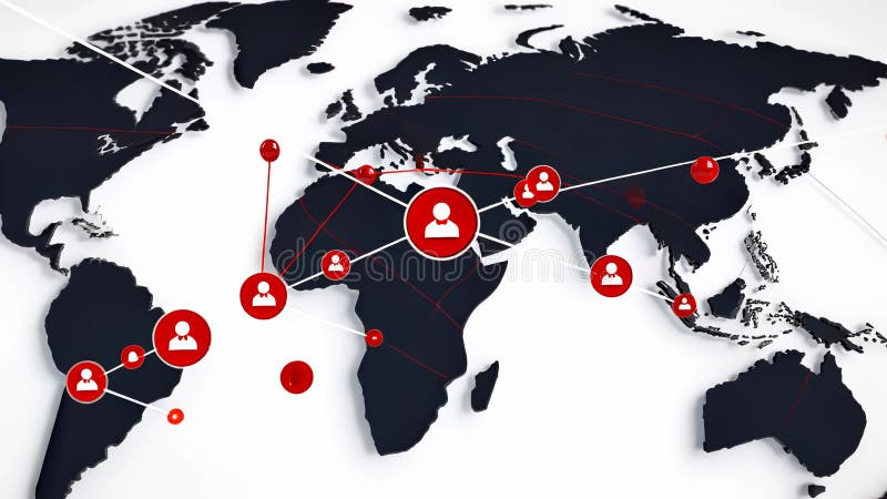 Red Location Pins Interconnected by Lines on a Stylized World Map ...