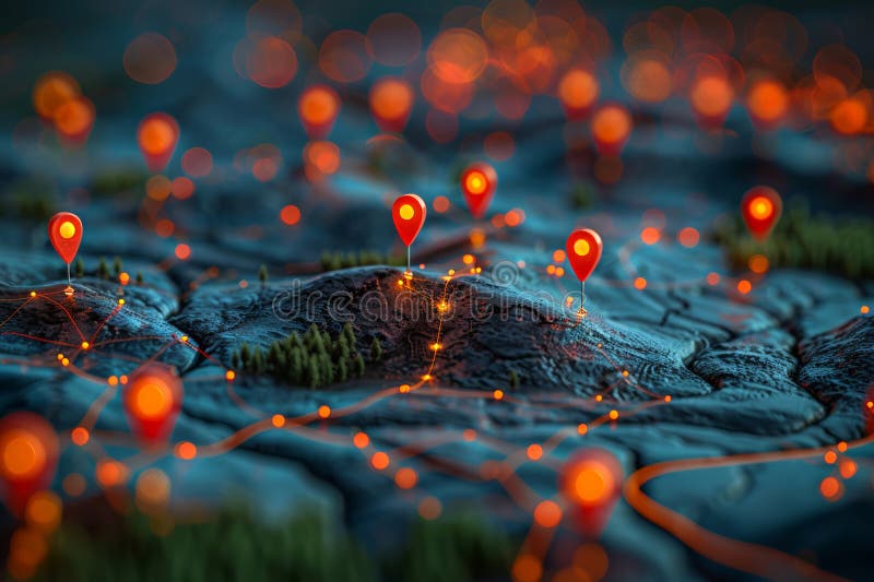 Red Location Pins on a Topographical Map, Highlighting Themes of ...