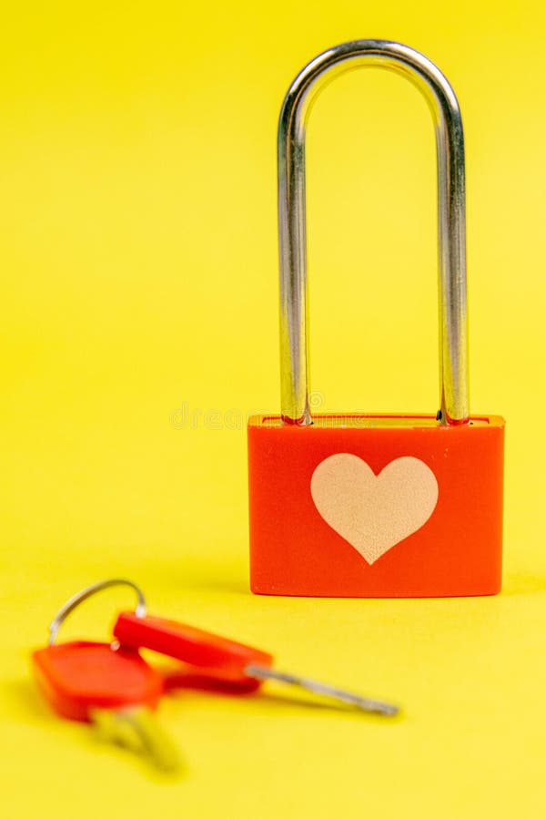 Red Lock with Drawing Heart and Key on Yallow Background Stock Image ...