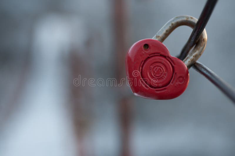 Red Lock in the Form of a Heart on a Suspension Bridge Across Th Stock ...
