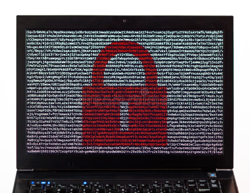 Red Lock Over Encrypted Text on a Laptop Screen Against a White Stock ...