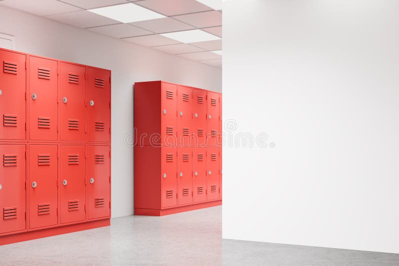 Red Lockers in a Modern Hallway. 3D Rendering Stock Illustration ...