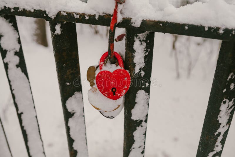 Red Locks in Hart Shape on Rope Bridge. Close-up Stock Image - Image of ...