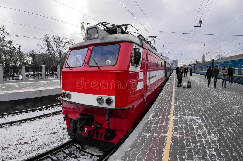 Red Locomotive on Train Station Platform in the Winter. Stock Photo ...