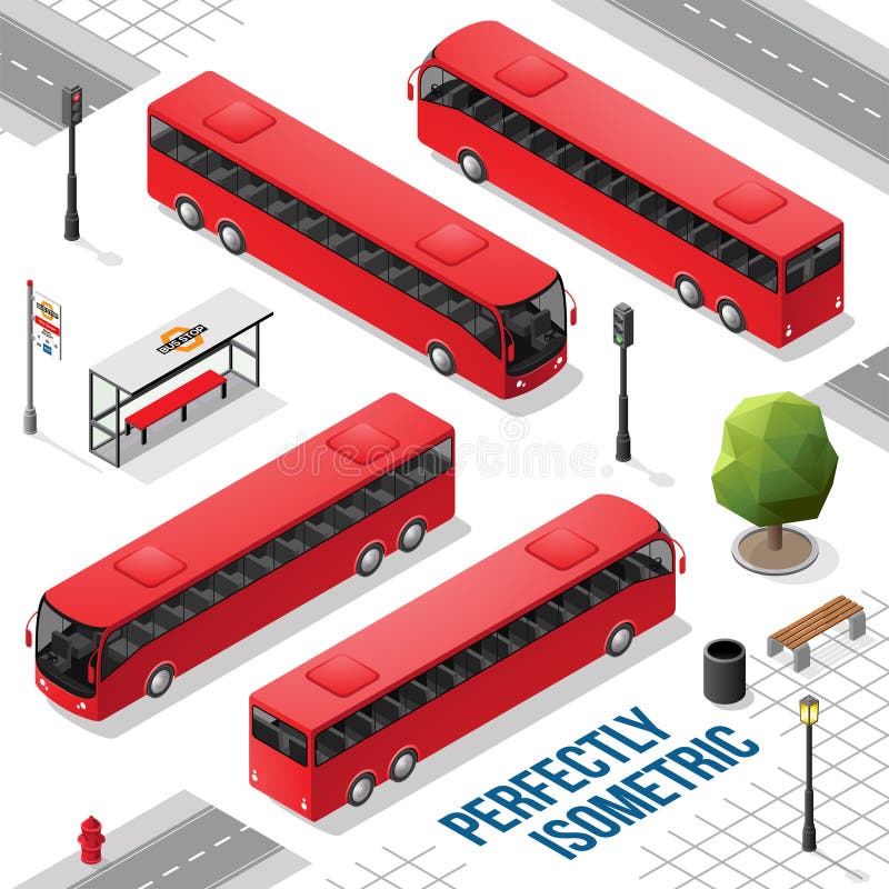 Red Long Isometric Bus from the Front Back Right and Left Stock Vector ...
