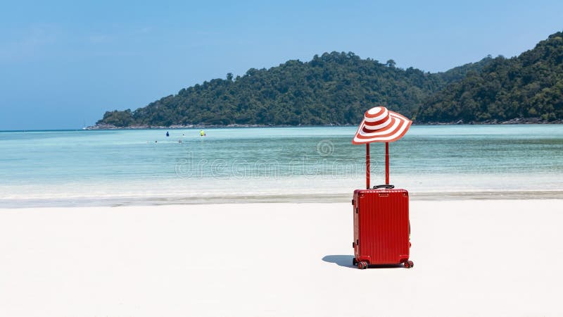 Red of the Luggage on the Beach- Summer Travel Lifestyle Concept Stock ...