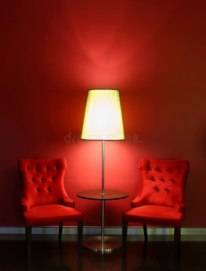Red Luxury Chairs with Table and Lamp Stock Image - Image of sofa, seat ...