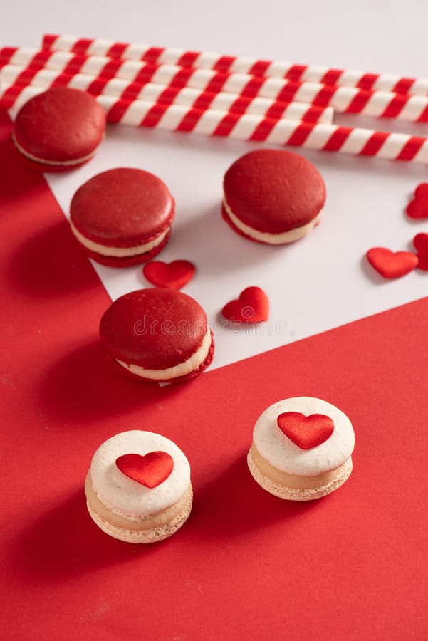 Red Macarons and Red Shaped Hearten an Envelope Stock Image - Image of ...