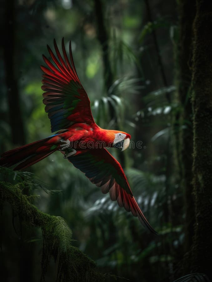 Red Macaw Flying through the Jungle Stock Illustration - Illustration ...