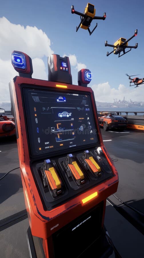 A Red Machine with a Screen that Shows Cars and a Yellow Button Stock ...