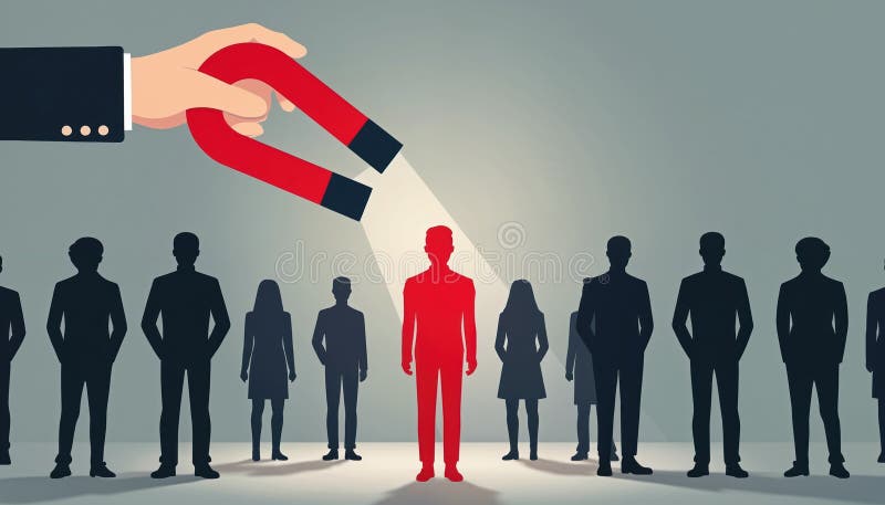 Red Magnet Attracts Highlighted Candidate from Group. Concept of Talent ...