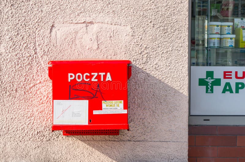 Red mail box editorial photo. Image of outdoor, sticker - 38457196