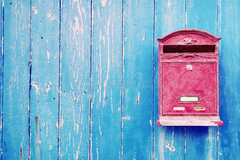 Red Mailbox on Blue Wooden Door. Stock Image - Image of vintage ...