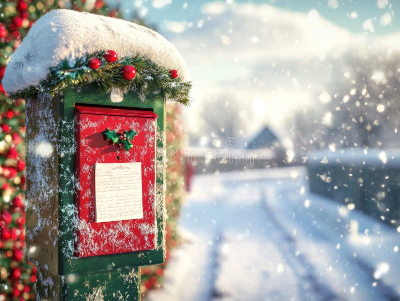 Red Mailbox Decorated for Christmas with Snow Falling Stock ...