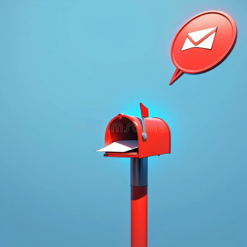 Red Mailbox with Letter and Notification Symbol on Clear Blue ...