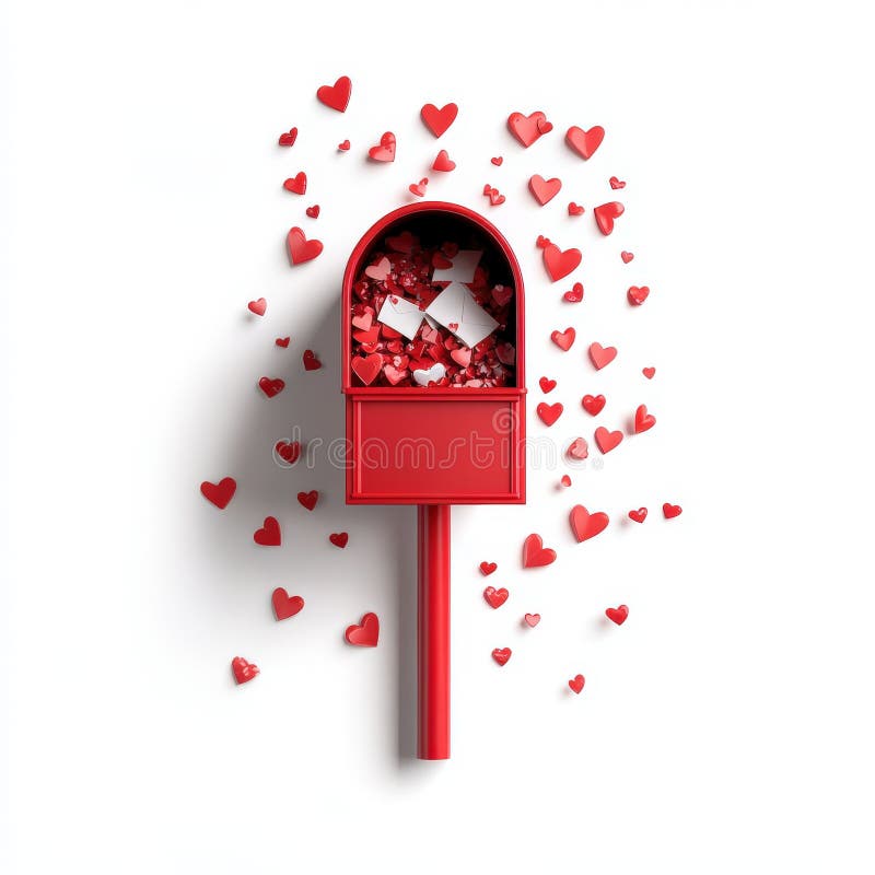 Red Mailbox Overflowing with Heart-shaped Envelopes and Hearts on White ...