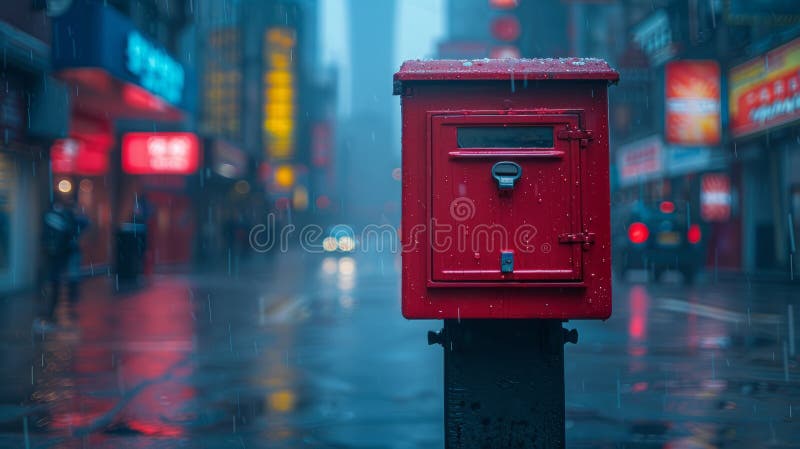A Red Mailbox on a Rainy City Street Stock Image - Image of street ...