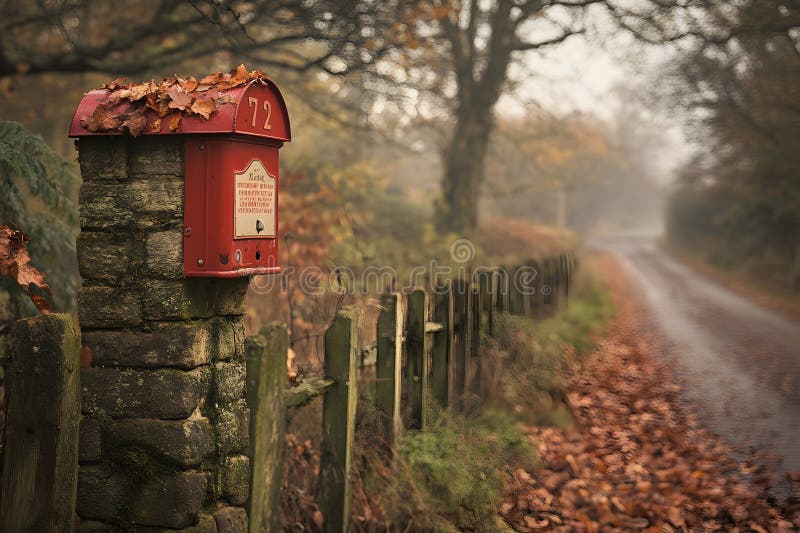 Red Mailbox on Stone Post by Rustic Country Road in Misty Autumn Forest ...