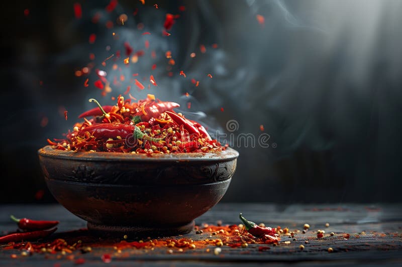 Red Mala Chili Peppers in a Rustic Wooden Bowl on a Dark Wooden Table ...