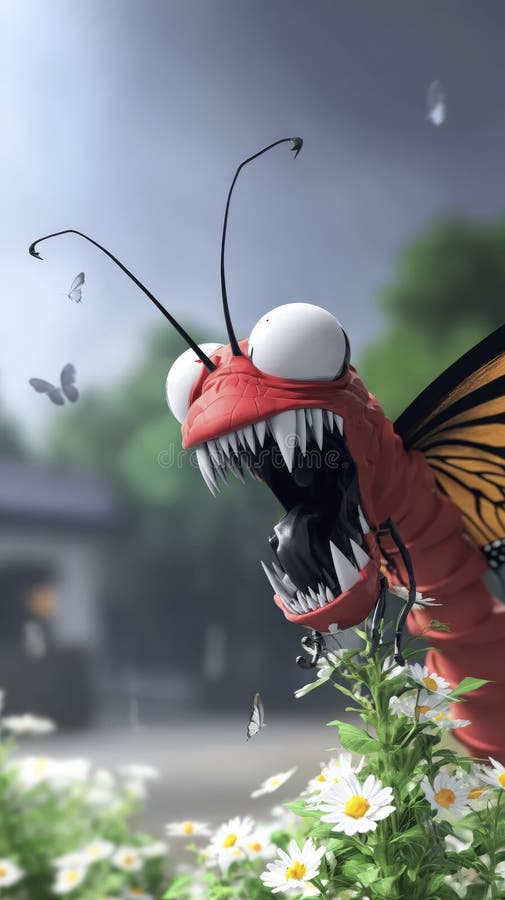 Red Mantis with Sharp Teeth among Daisies and Butterflies Stock ...