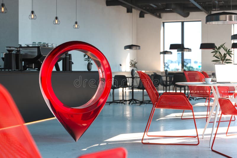 Red Map Geo Tag Pin in Modern Bright Cafe Interior. 3d Rendering. Stock ...