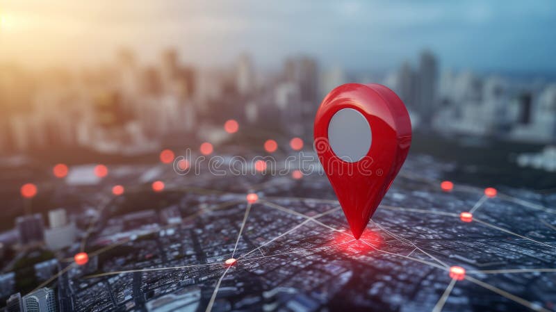 Red Map Pin in Cityscape and Network Connection Stock Illustration ...