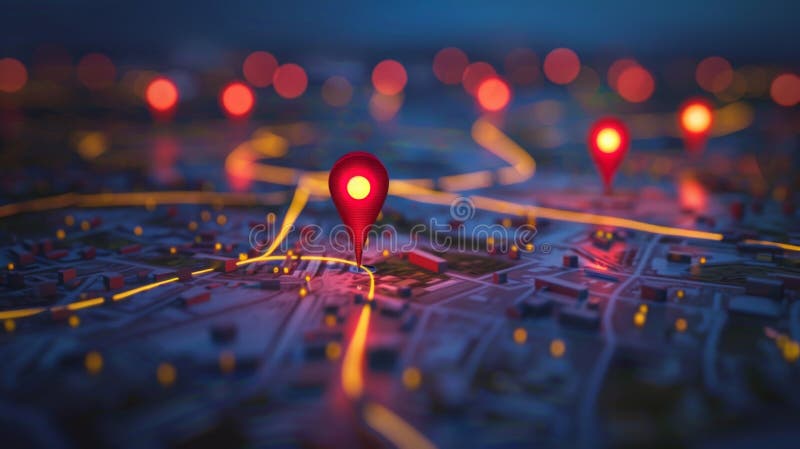 Glowing Map Pin Over City Map at Twilight Stock Image - Image of ...