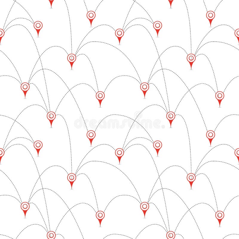 Red Map Pins with Routes on White, Seamless Pattern Stock Illustration ...