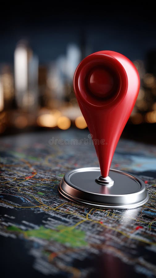 Red Map Pointer on City Map with Night Background, Navigation and ...