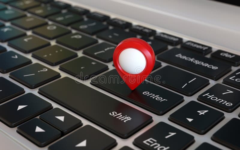 Red Map Pointer on Laptop Keyboard, Gps Pin, 3d Rendering Stock ...