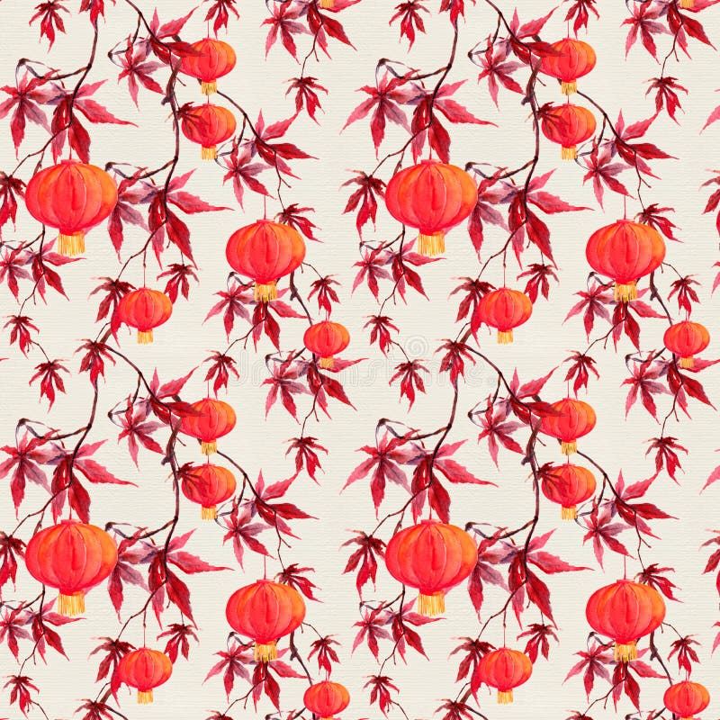 Red Maple Branch with Paper Lantern. Chinese Seamless Pattern ...