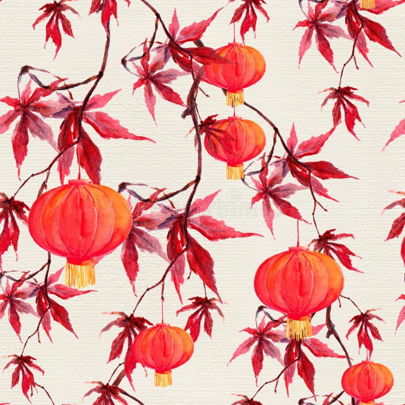 Red Maple Branch with Paper Lantern. Chinese Seamless Pattern ...