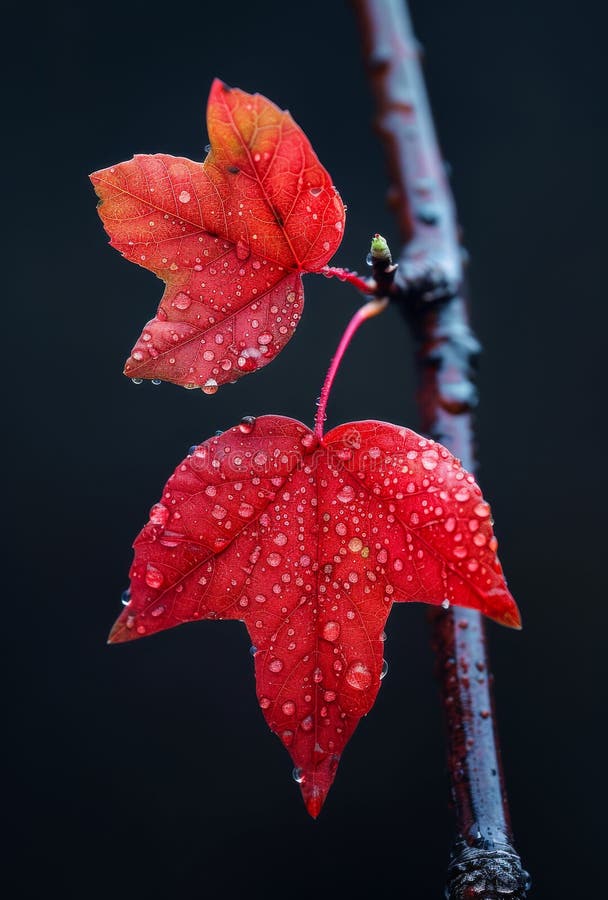 Red Maple Leaf with Dewdrops. Two Red Maple Leaves Covered in Dewdrops ...