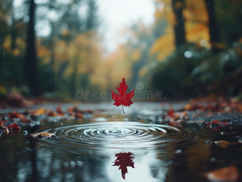 Red Maple Leaf Falling in Autumn Rain Puddle Stock Illustration ...