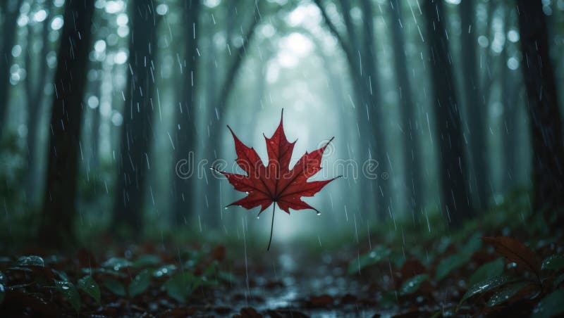 Single Red Maple Leaf Falling in Rainy Forest Stock Illustration ...