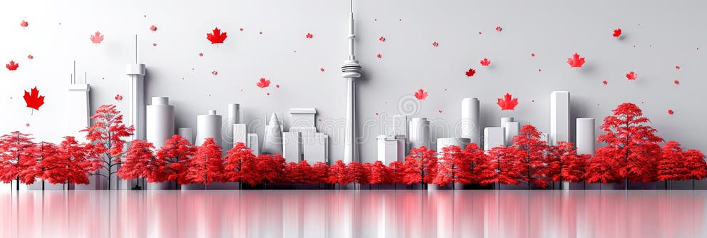 Red Maple Leaf in Front of Toronto Skyline with Falling Leaves and ...