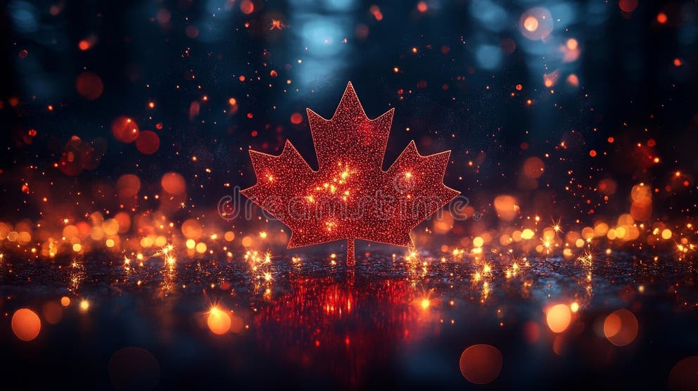 Red Maple Leaf Glowing Amidst Twinkling Fireworks Stock Illustration ...