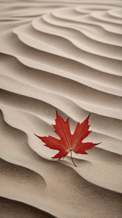 Red Maple Leaf Resting on Soft Wind Sculpted Sand Dunes for Minimalist ...