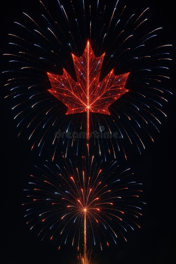 Red Maple Leaf Shaped Firework Exploding in the Night Sky. Symbol of ...